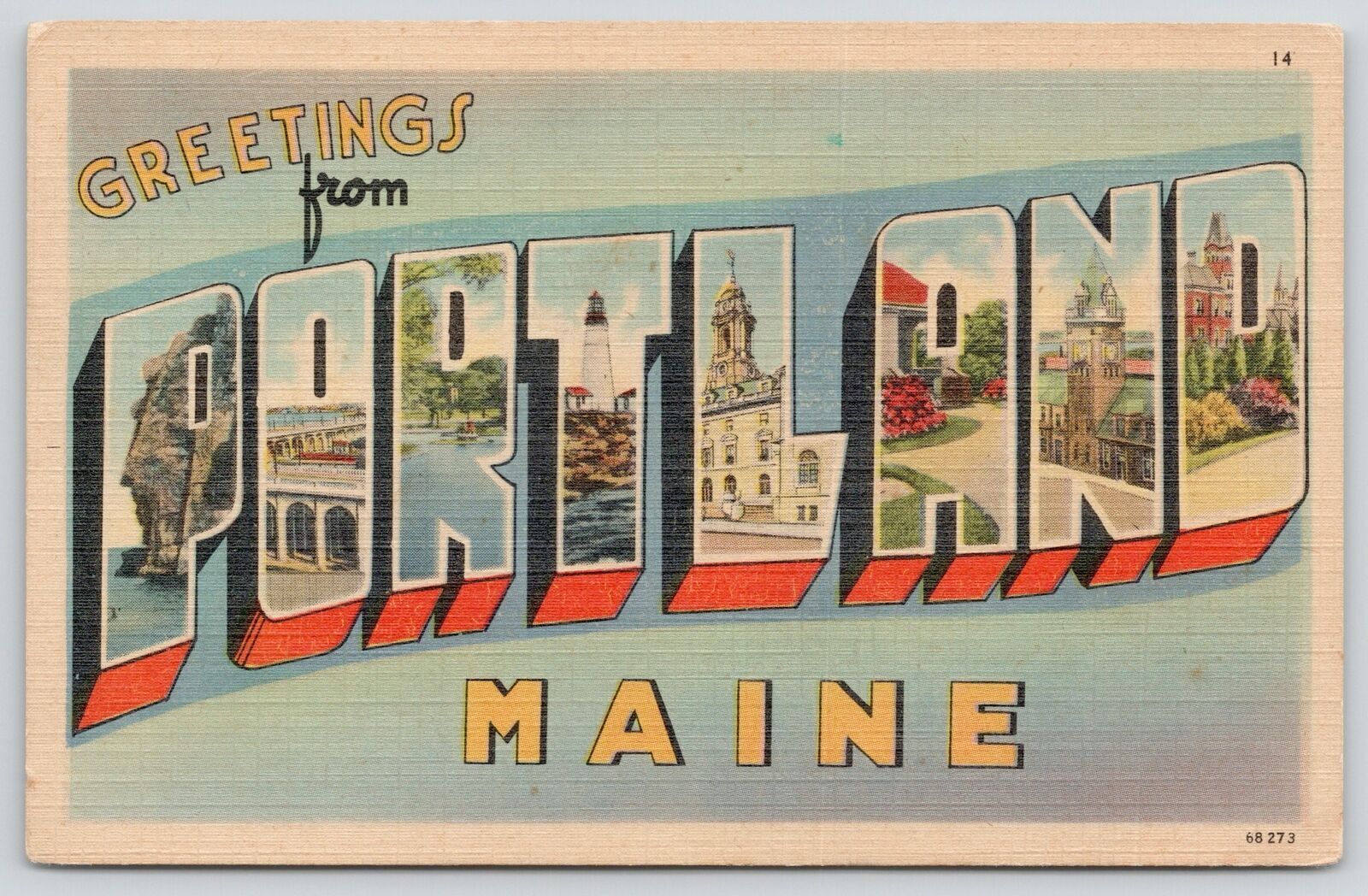 Portland Maine~Lighthouse~Clock Tower~Large Letter Linen Postcard ...