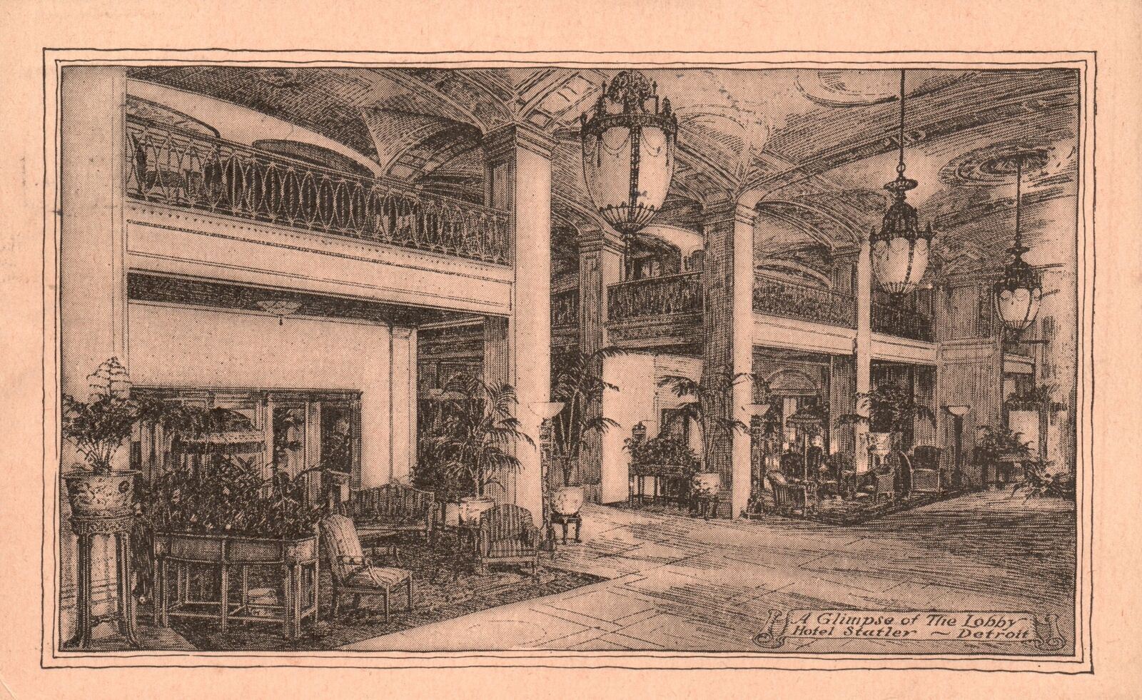 Vintage Postcard 1917 A Glimpse of the Lobby Hotel Statler Detroit ...