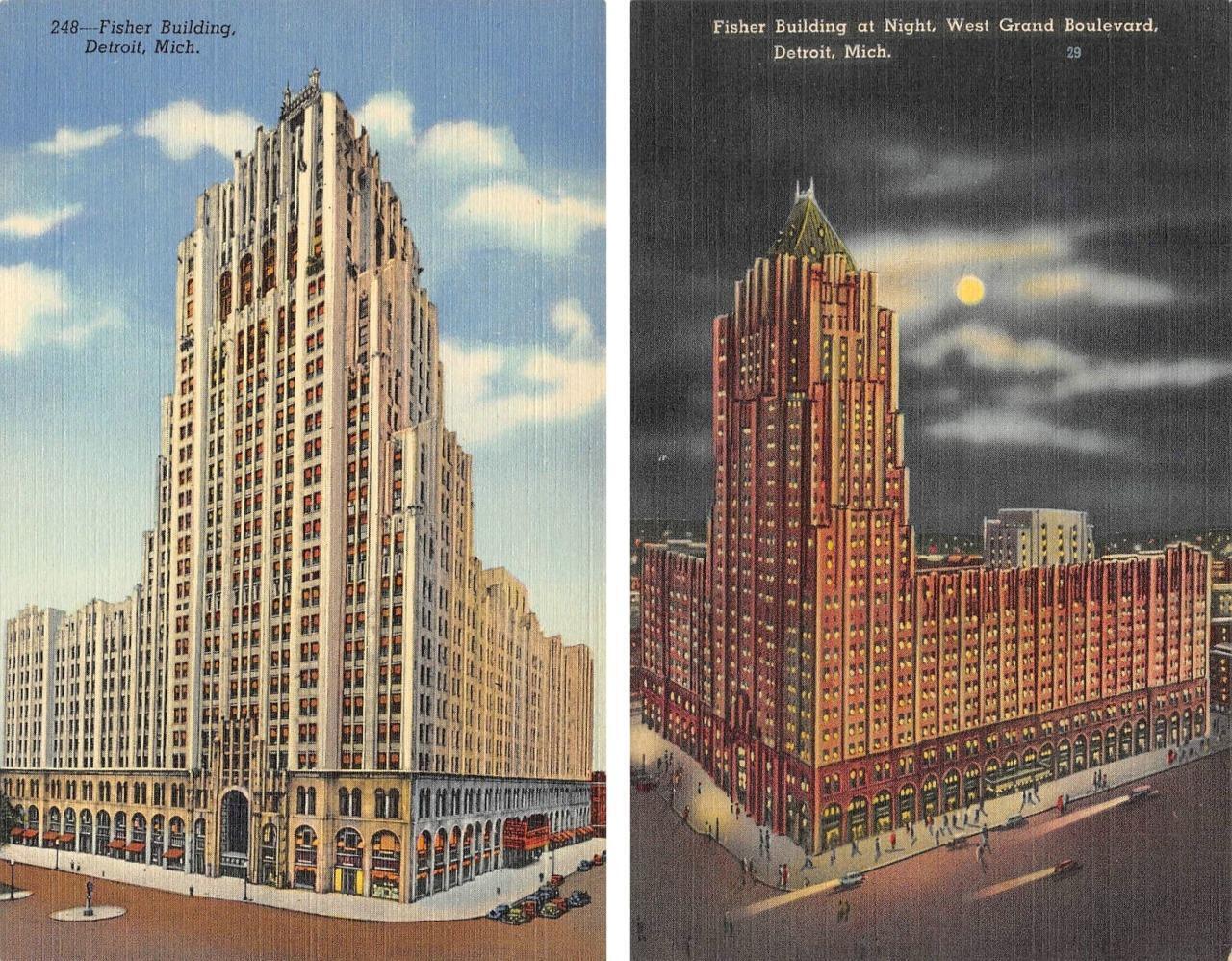 2~ca1940's Postcards Detroit, MI Michigan FISHER BUILDING Day & Night ...