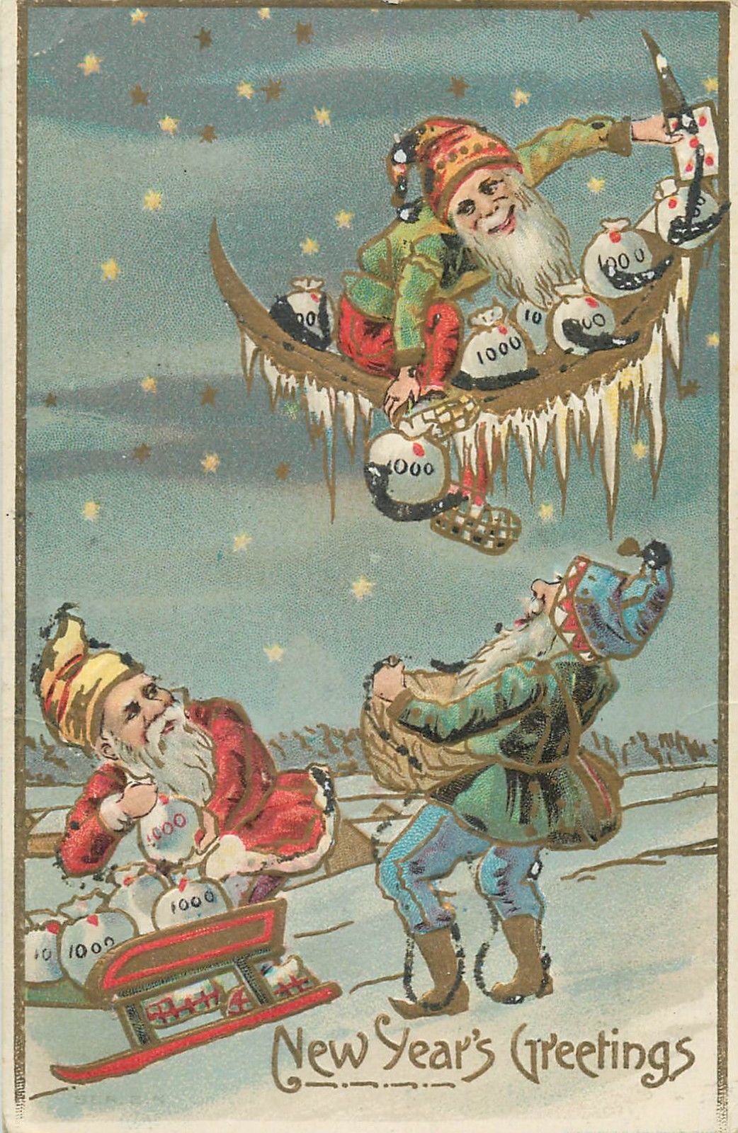 Embossed New Year greetings fantasy dwarfs gnomed moon money bags dwarf ...