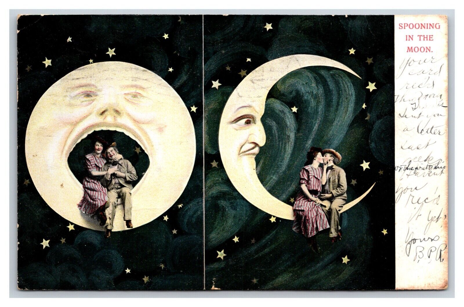 Spooning in the Moon Romance Paper Moon Dual View 1907 UDB Postcard P25 ...