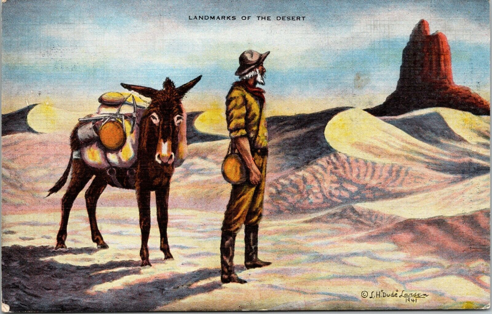 Landmarks of the West Prospector Mule in Desert Postcard LH Dude Larsen ...
