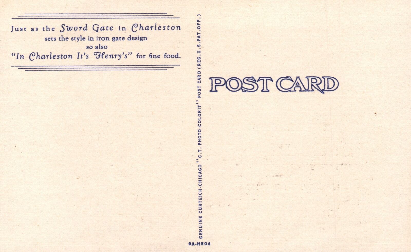 Vintage Postcard 1930's In Charleston It's Henry's for Fine Food ...