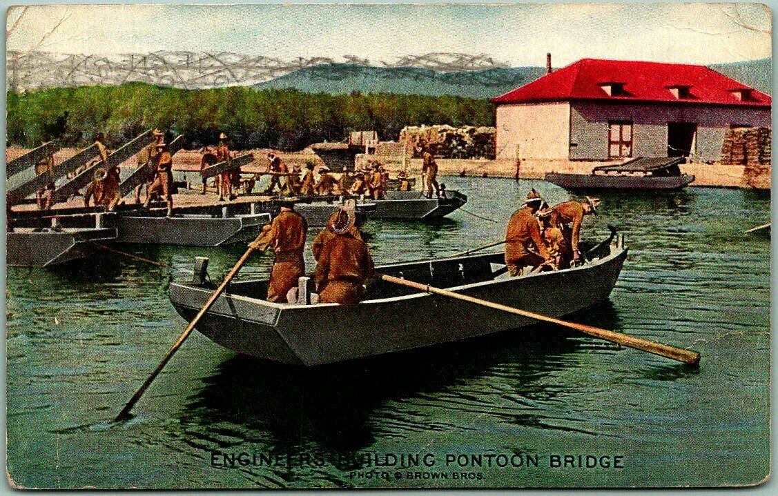 1919 WWI U.S. Army / Military Postcard "ENGINEERS BUILDING PONTOON ...