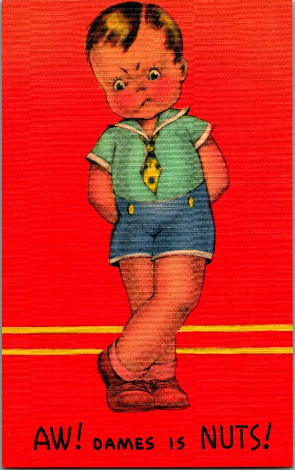Comic Adorable Child Little Boy Aw! Dames Is Nuts! Linen Postcard UNP ...
