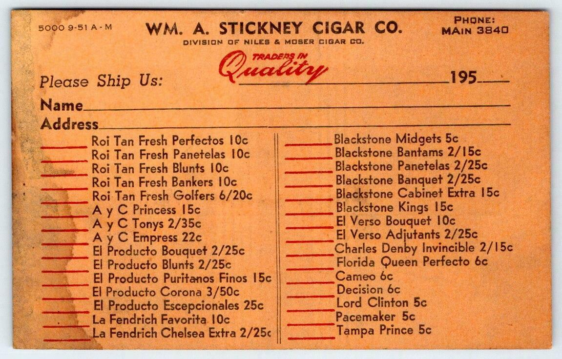 1950'S WM a Stickney Cigar CO Vintage Postcard Order Form Price List ...