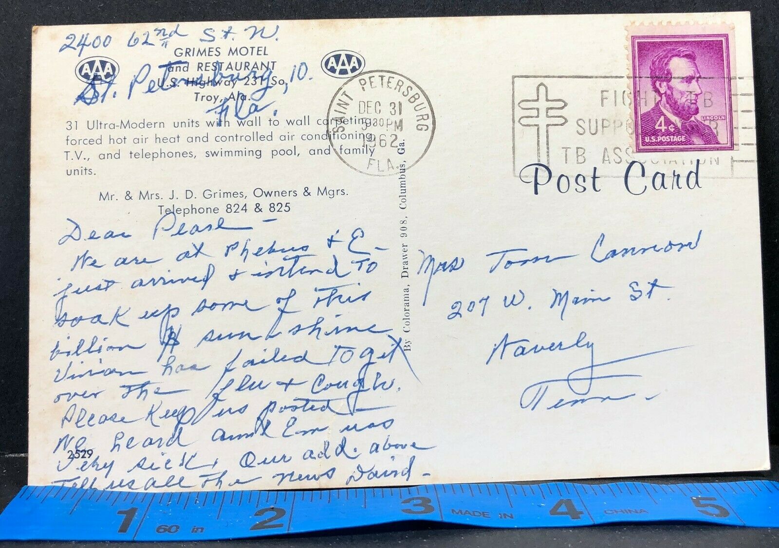 Grimes Motel Troy Alabama 1962 Vintage Postcard | United States ...