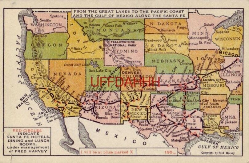 RED Circles Indicate Fred Harvey Santa FE Hotels & Lunch Rooms Map of ...