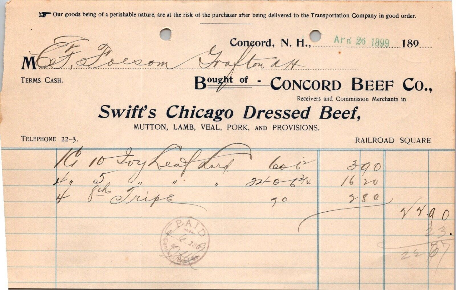 1899 Swifts Chicago Dressed Beef Pork Veal Mutton Provisions Concord NH ...