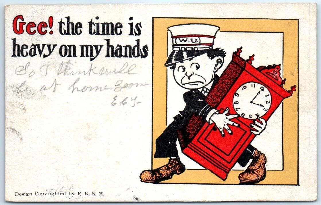 Postcard - Gee! the time is heavy on my hands with Man Carrying Clock ...