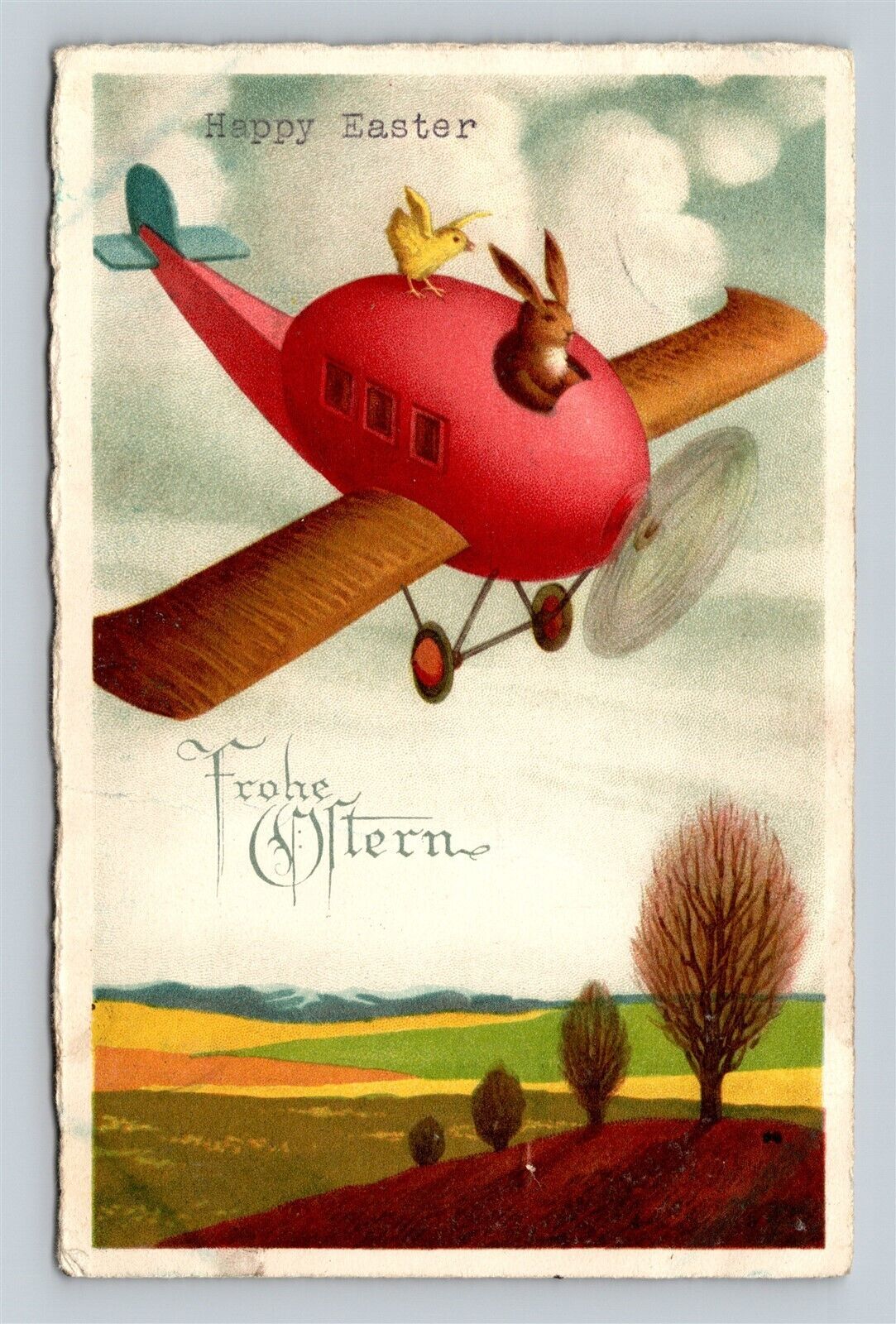 1920s Easter Bunny Rabbit Flying Airplane Chick Frohe Ostern Happy ...