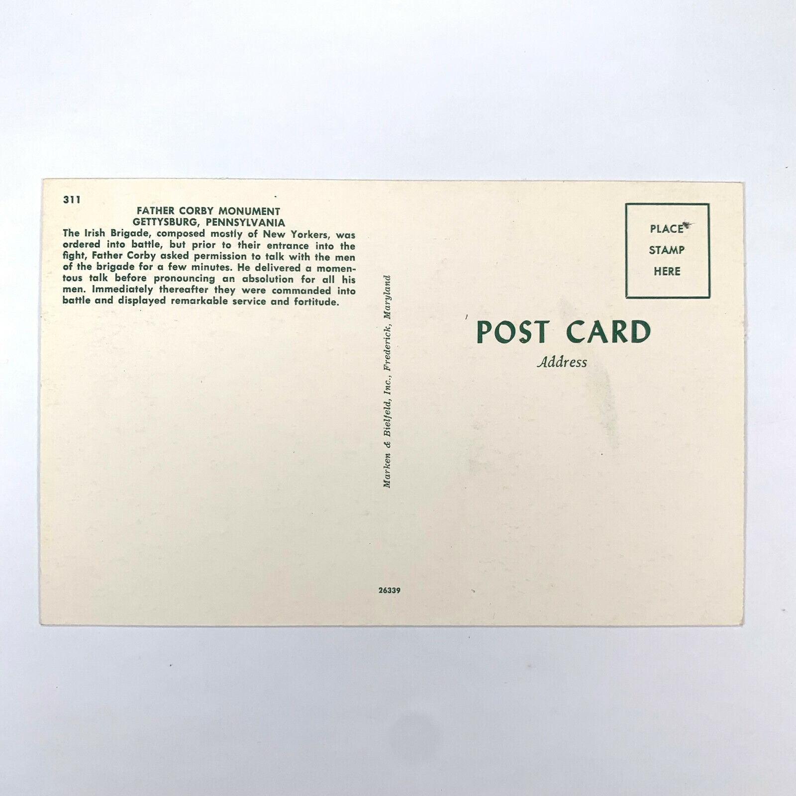 Postcard Pennsylvania Gettysburg PA Father Corby Monument 1960s Chrome ...