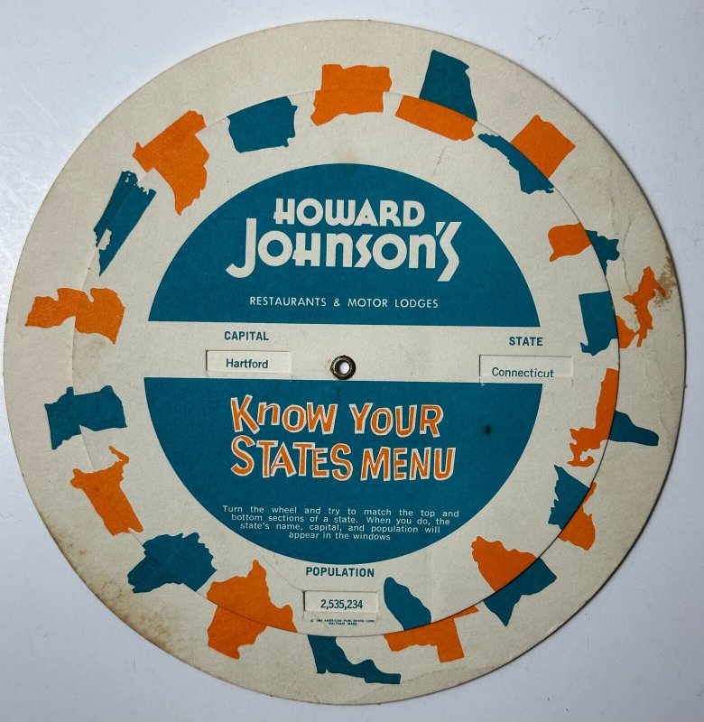Howard Johnson's Restaurant Children's Know Your States Menu Dial ...