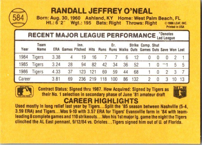 1987 Donruss Baseball Randy O'Neal Detroit Tigers sk20314 | Topics ...