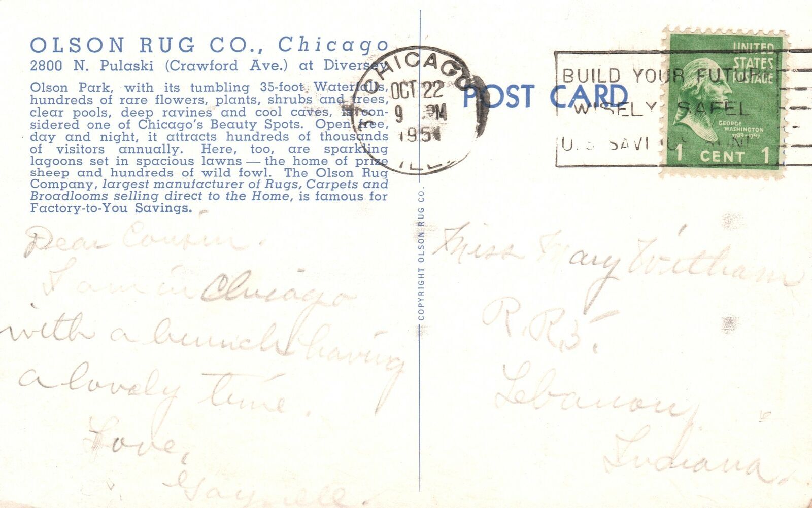 Vintage Postcard 1951 Olson Rug Co. Waterfalls Hundreds Of Wild Flowers ...