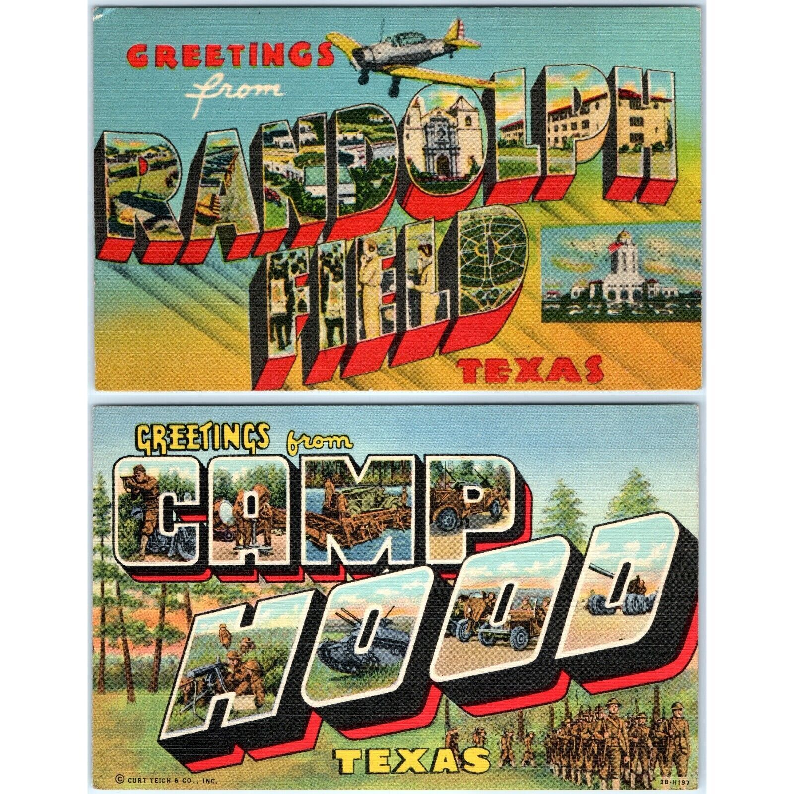 x2 LOT c1940s Greetings Randolph Field / Camp Hood Texas Linen Army ...
