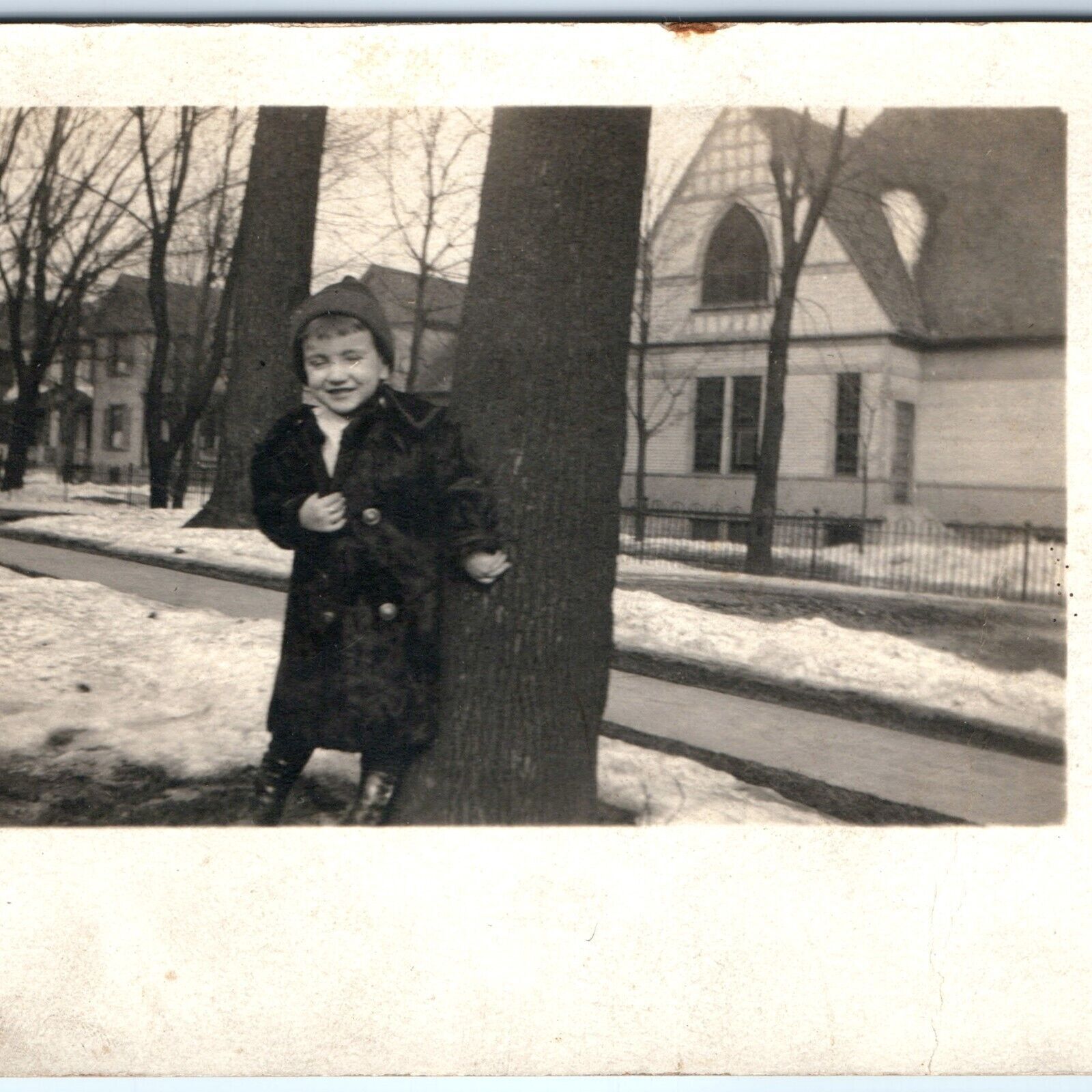 c1910s Winter Young Man Laugh Outdoors RPPC Young Boy Fur Coat Drip ...