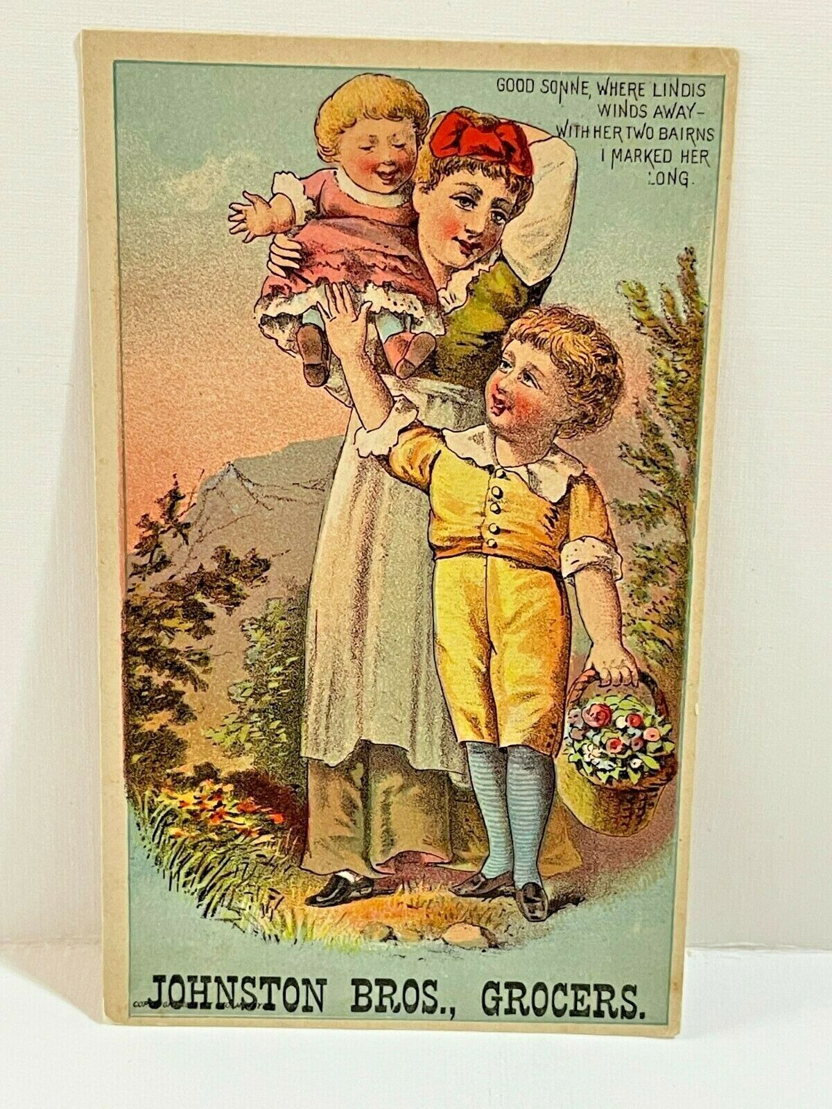 1880s Johnston Bros Grocers Mother Children Picking Flowers Commin ...