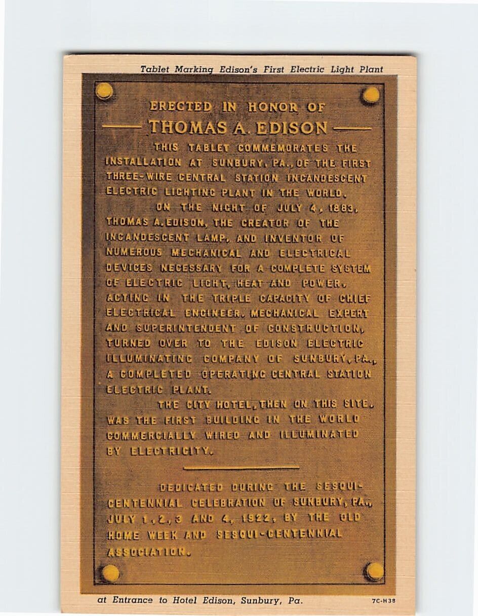 Postcard Tablet Marking Edison's First Electric Light Plant, Hotel ...