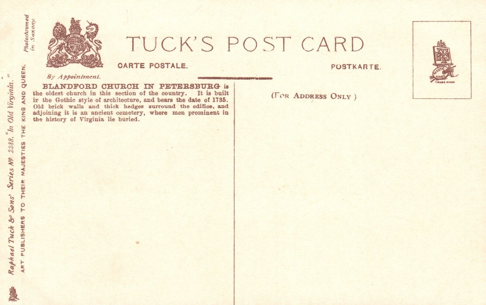 Vintage Postcard 1910's Blandford Church Oldest Gothic Petersburg ...