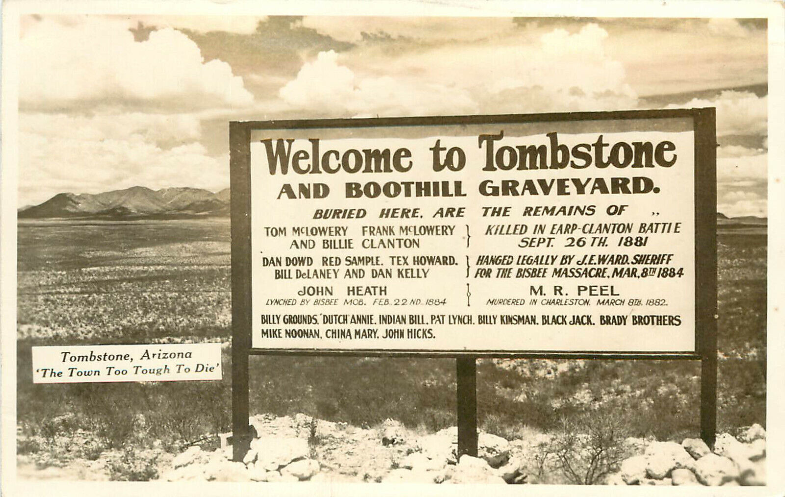 RPPC Postcard Welcome to Tombstone and Boot Hill Graveyard Sign AZ List ...