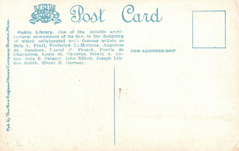 Vintage Postcard 1920's View of Public Library Boston Massachusetts MA ...