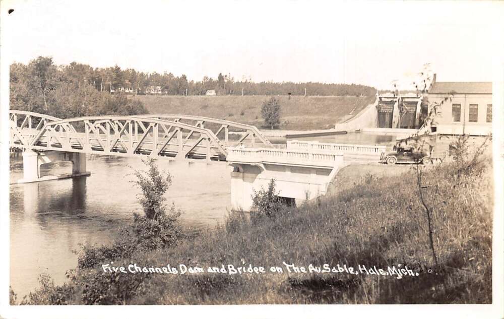 Hale Michigan Au Sable River Five Channels Dam and Bridge Real Photo PC ...