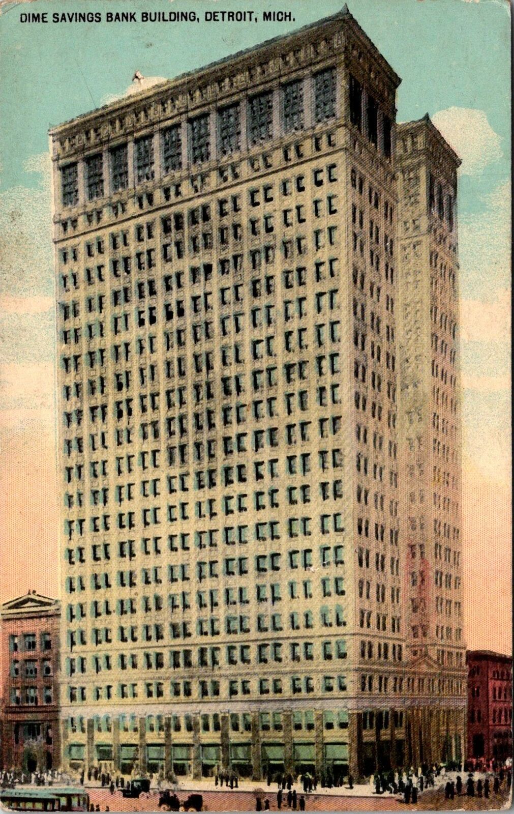 Vintage Postcard Dime Savings Bank Building Street Scene Detroit ...