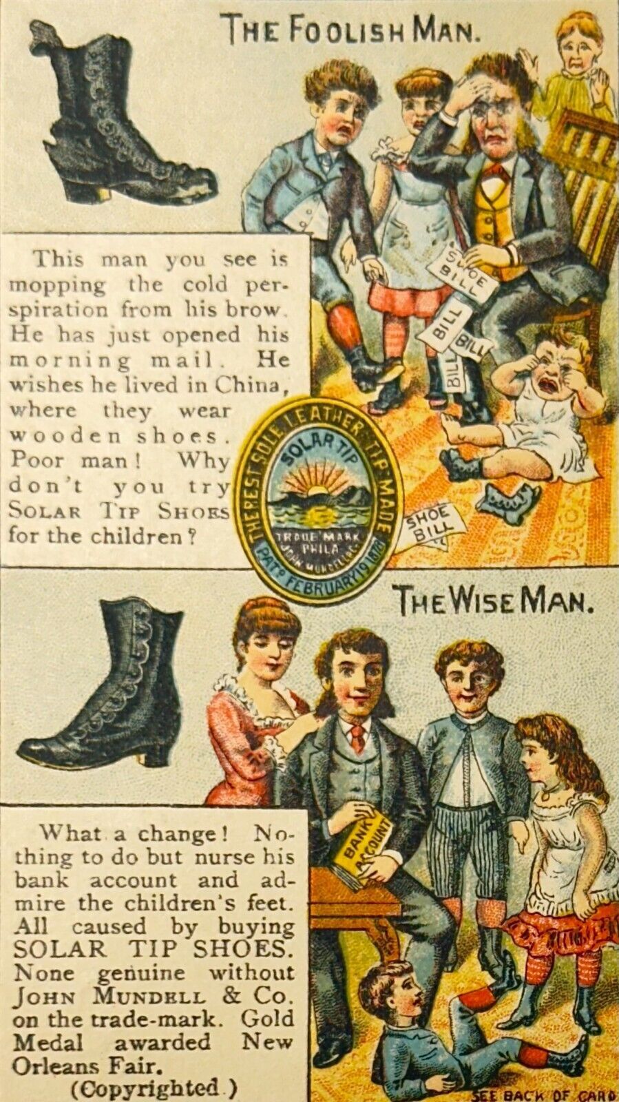 Wise Man vs Foolish 1885 Comic Strip Advertising Card Mundell Shoe ...