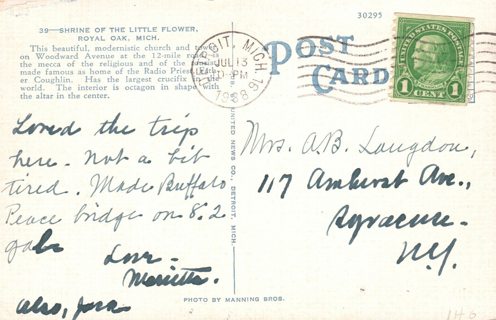 Vintage Postcard 1938 View of Shrine of the Little Flower Royal Oak ...