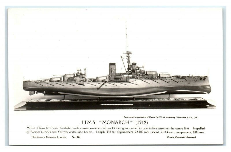 Postcard HMS Monarch (1912) Model Ship, Science Museum, London RPPC T26 ...