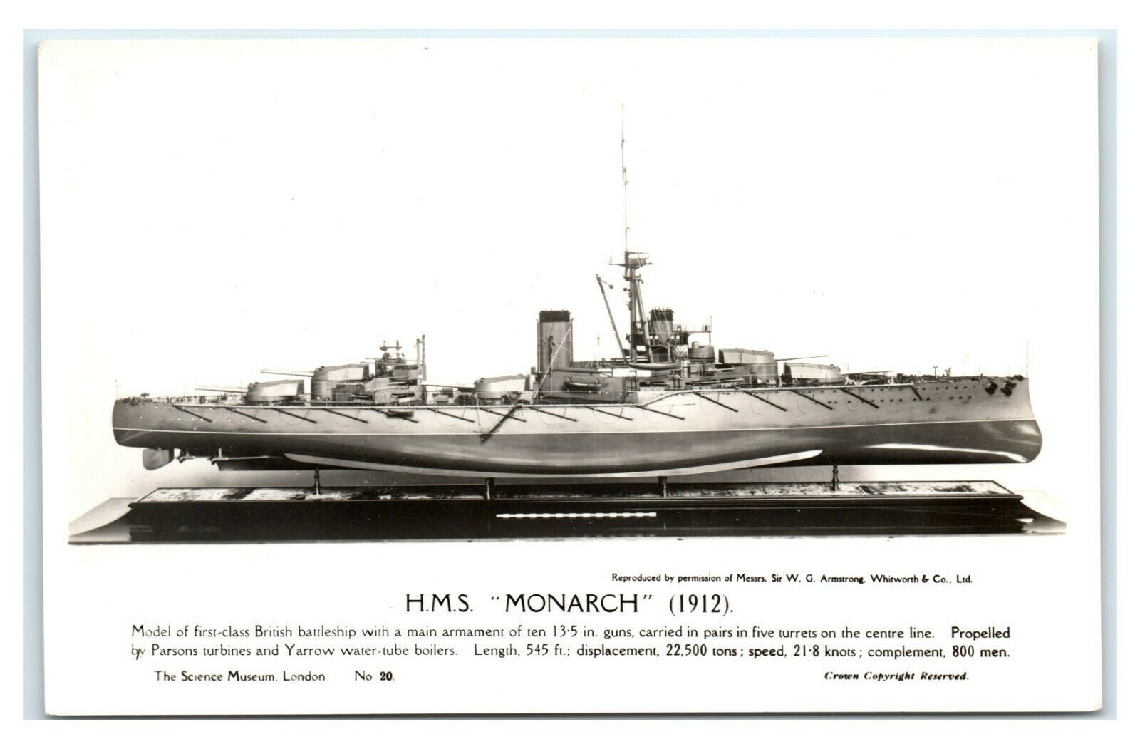 Postcard HMS Monarch (1912) Model Ship, Science Museum, London RPPC T26 ...