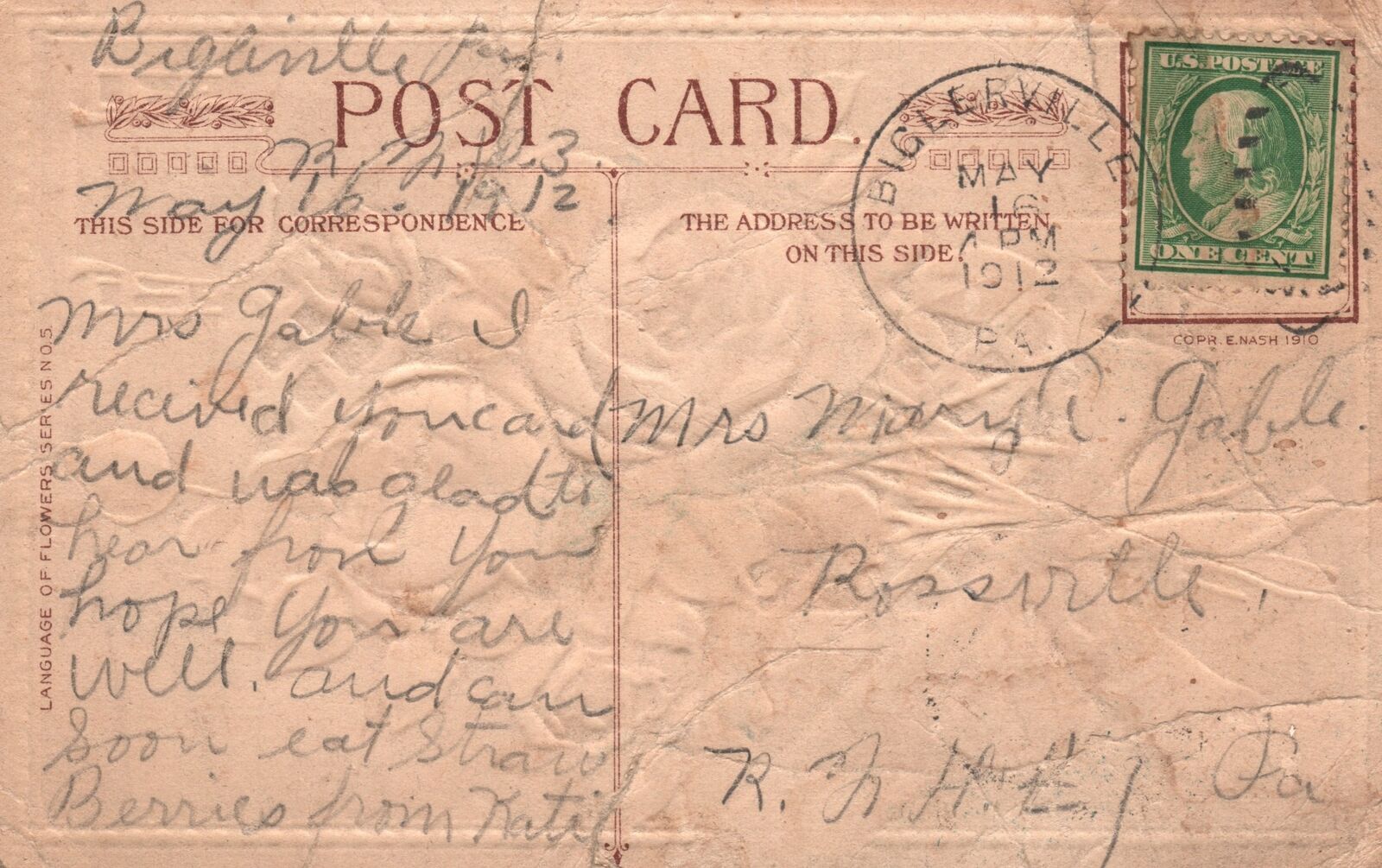 Vintage Postcard 1912 Rose Emblem of Fond Love Flowers and Ribbon ...