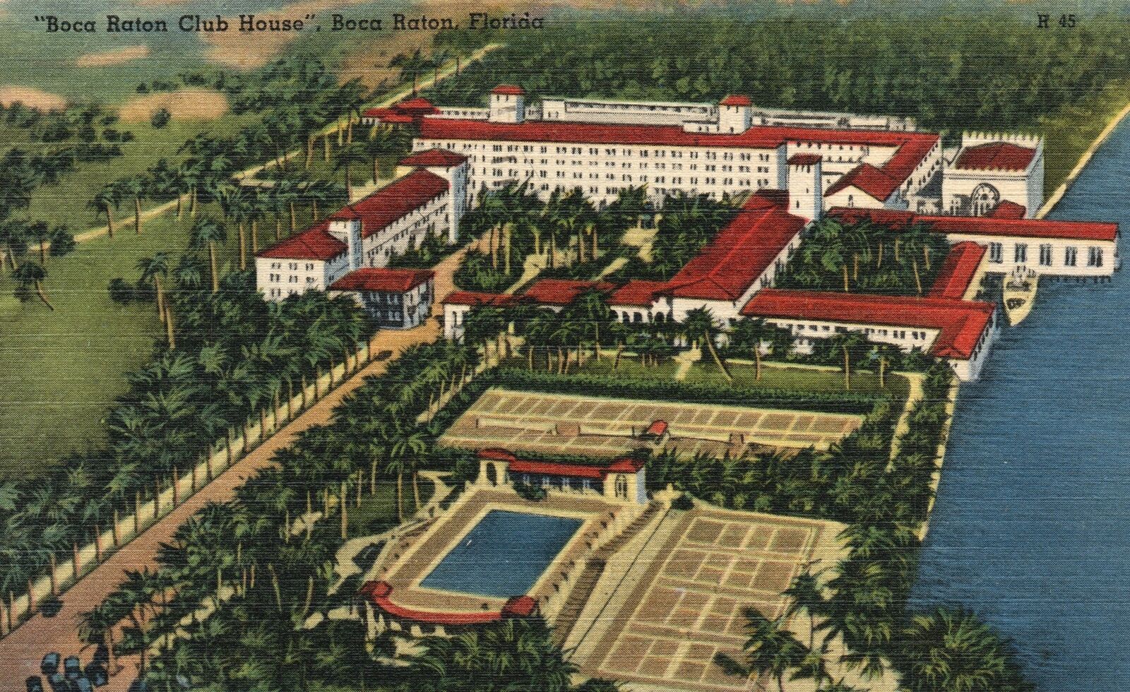 Vintage Postcard 1946 Aerial View Boca Raton Club House Palm Trees Pool ...