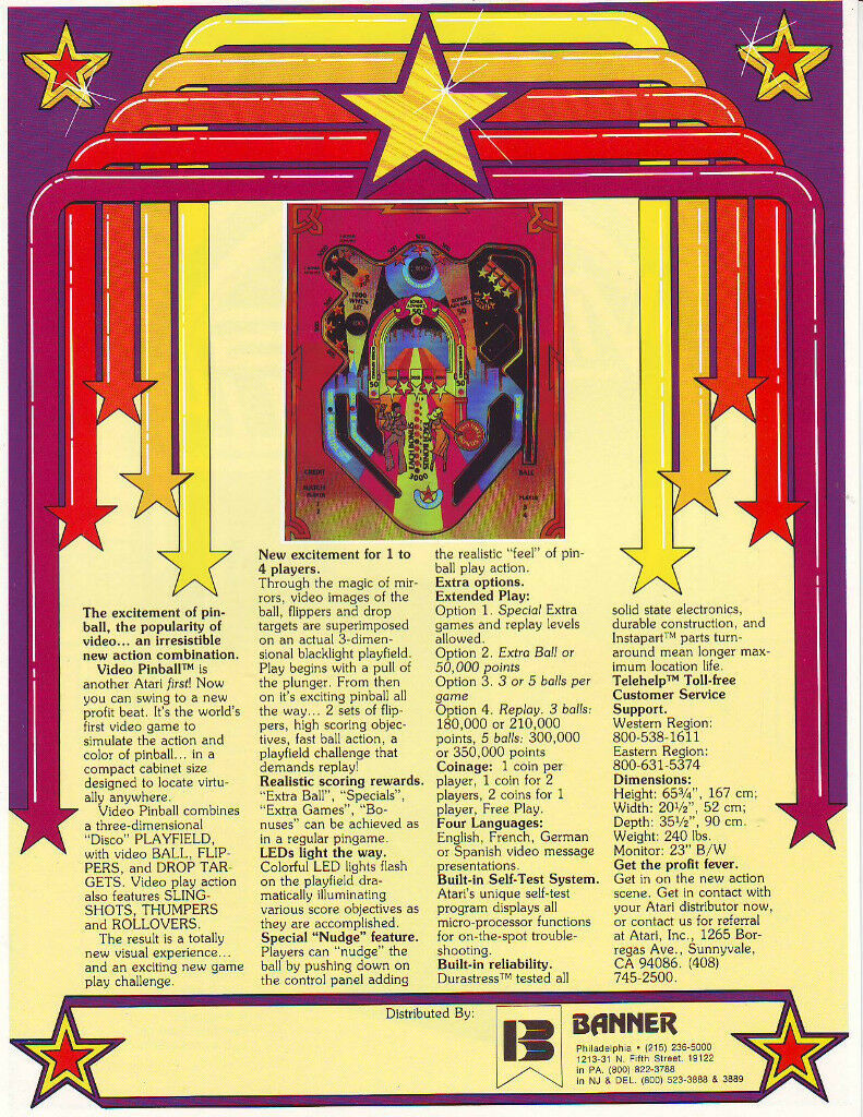 Video Pinball Arcade Flyer Atari 1979 Original NOS Retro Video Game Art ...