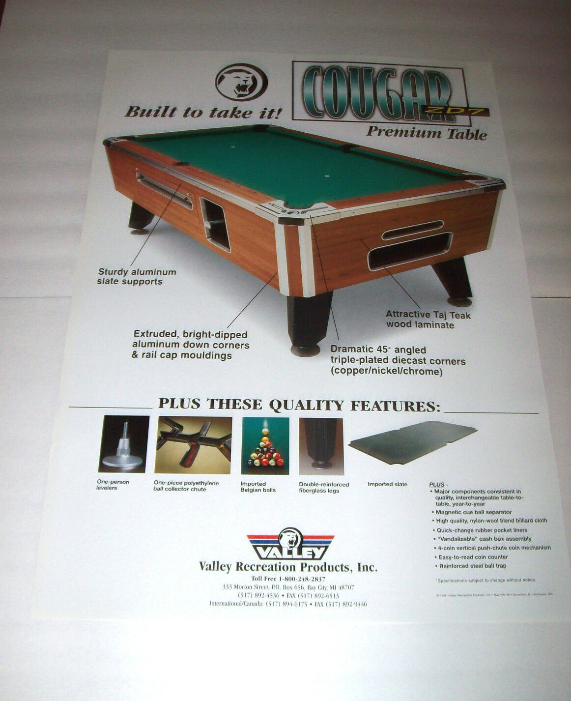 Valley Cougar Pool Table Wall POSTER 1998 Original Table Billiards Art ...