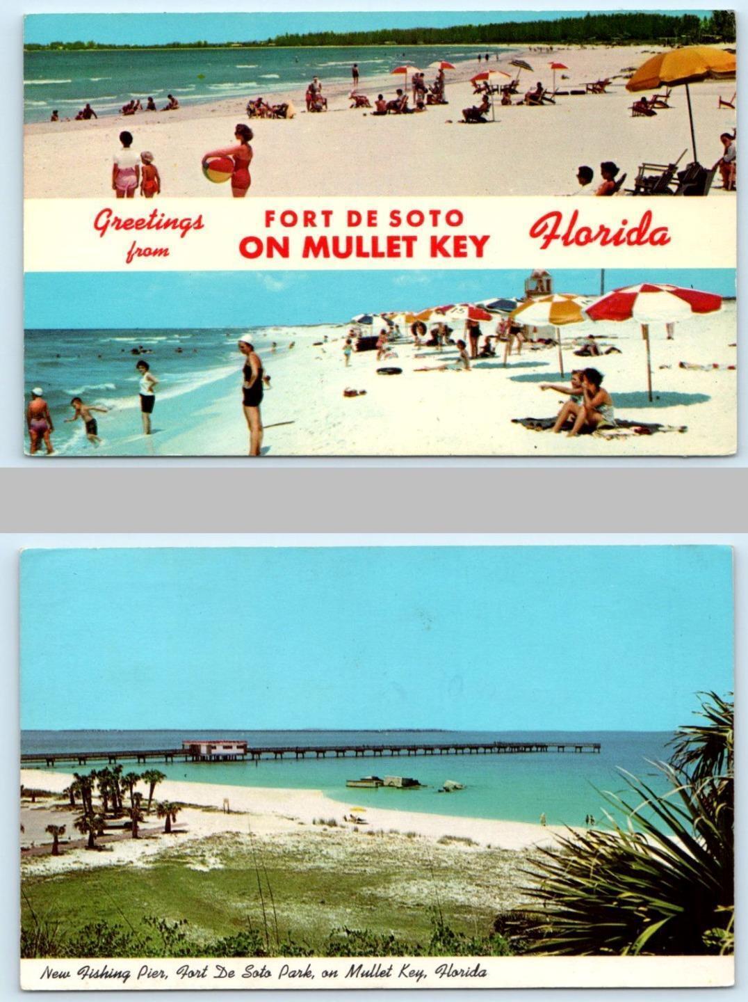 2 Postcards FORT DE SOTO, Mullet Key Florida FL ~ Beach & Fishing Pier ...