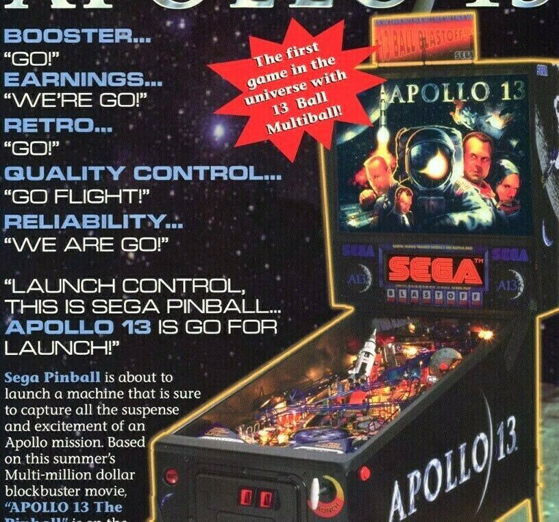 Apollo 13 Pinball FLYER Original 1995 NOS Game Art Tom Hanks Kevin ...