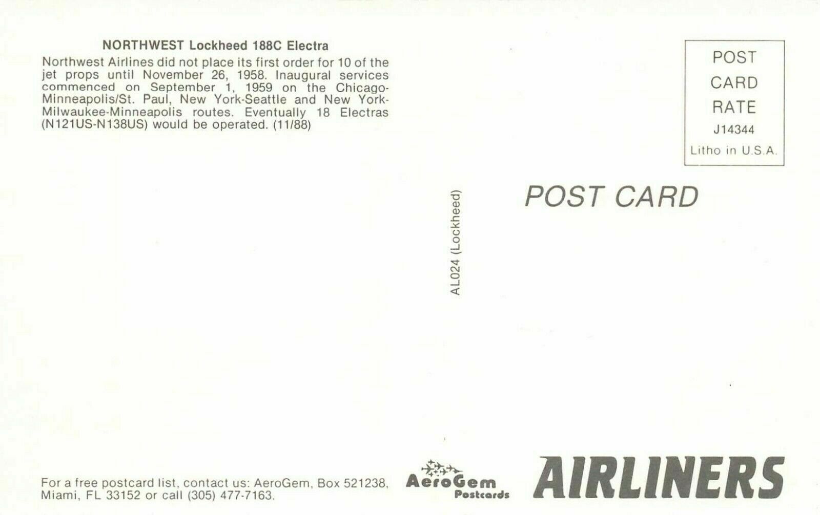 Vintage Aircraft Postcard, Northwest Airlines Lockheed 188C Electra NT2 ...