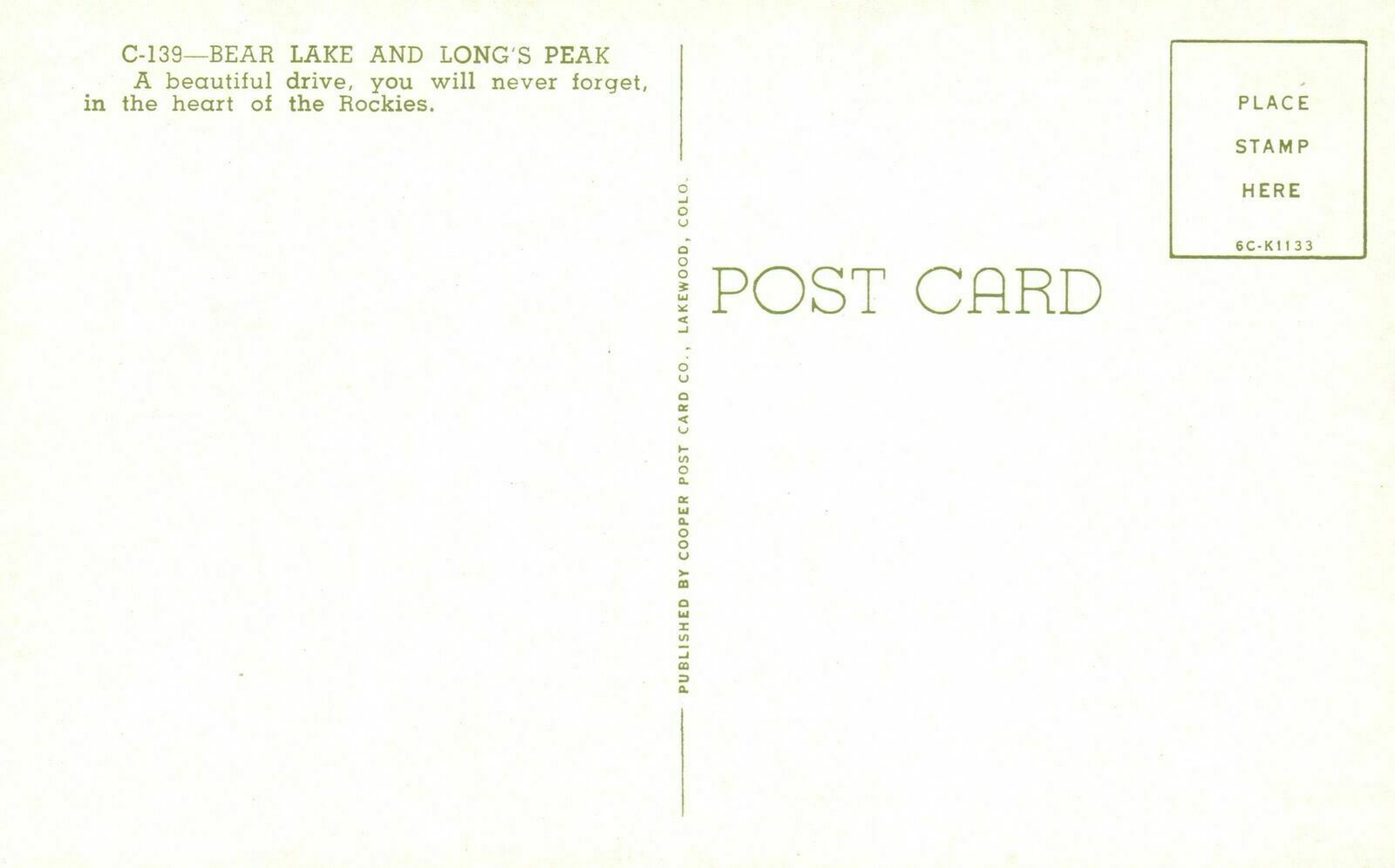 Vintage Postcard Bear Lake And Long's Peak Beautiful Drive Heart Of ...