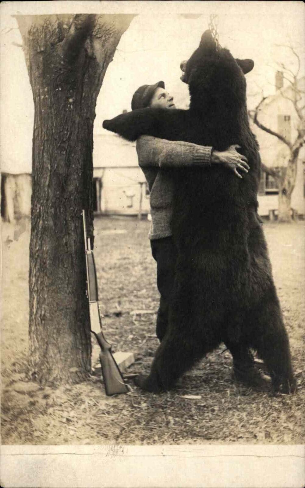 Bizarre Creepy Hunter Man Dances w/ Dead Bear He Shot Gun Shotgun RPPC ...