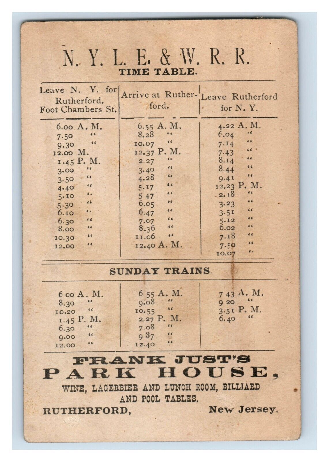 1880s N.Y. Western Railroad Time Table lake Erie Frank Just's Park ...