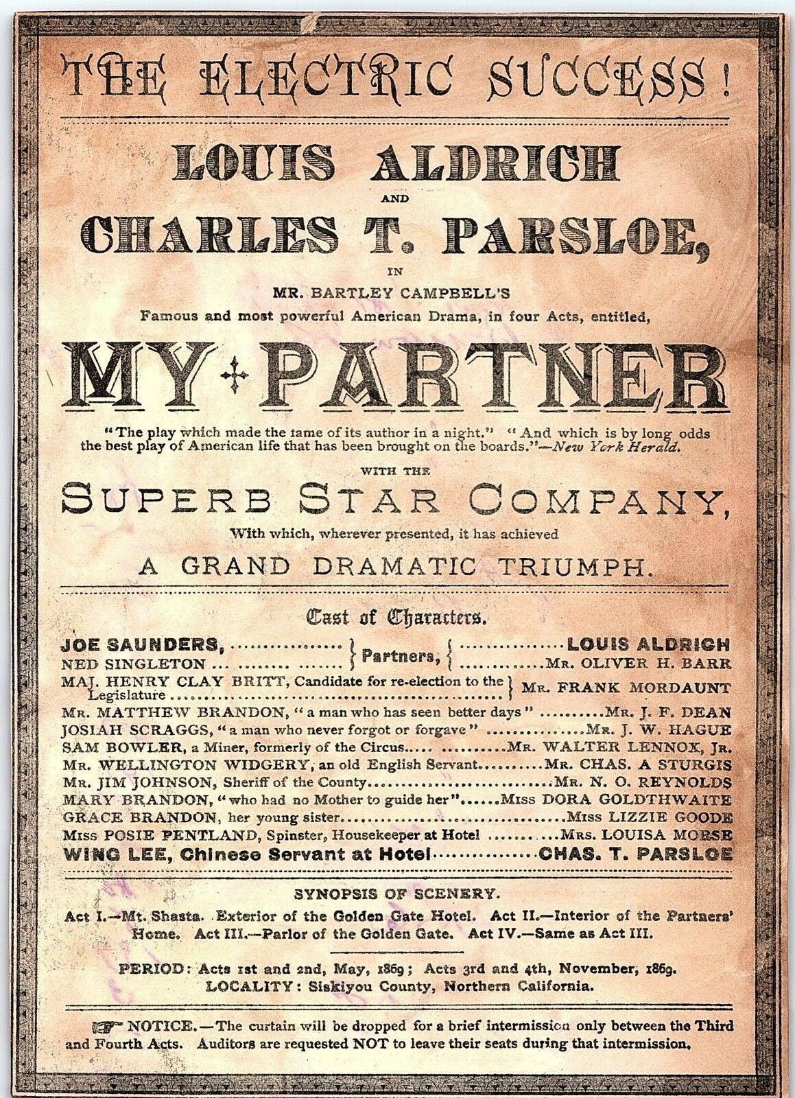 1880's Stage Play "My Partner" Louis Aldrich Superb Star Co. Cast ...
