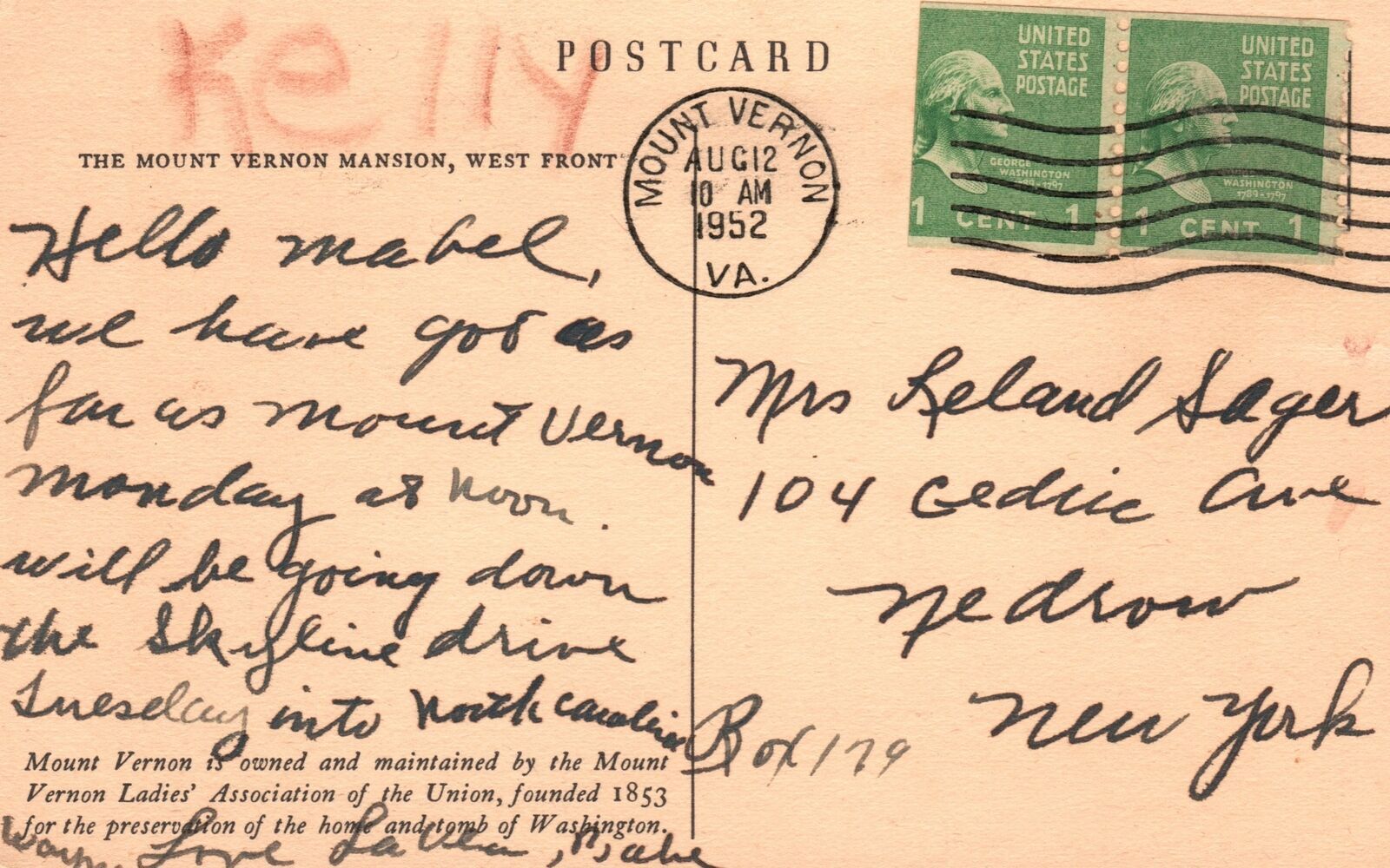 Vintage Postcard 1952 The Mount Vernon Mansion Building West Point ...