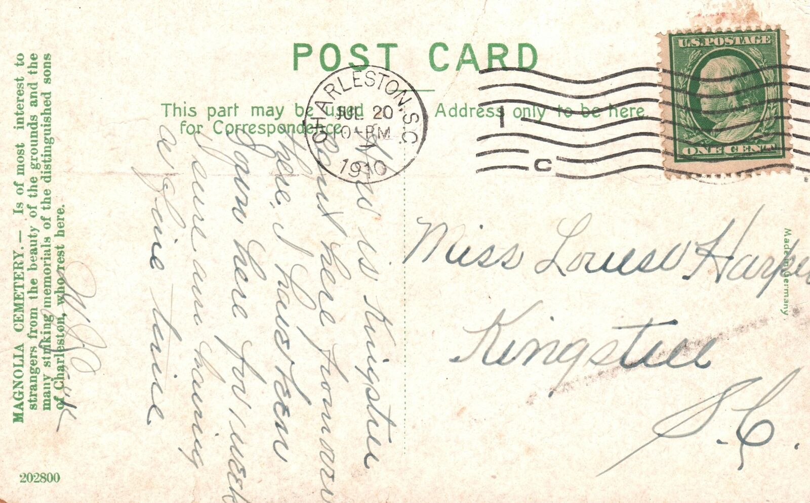 Vintage Postcard 1910's Magnolia Cemetery Grounds Charleston South ...