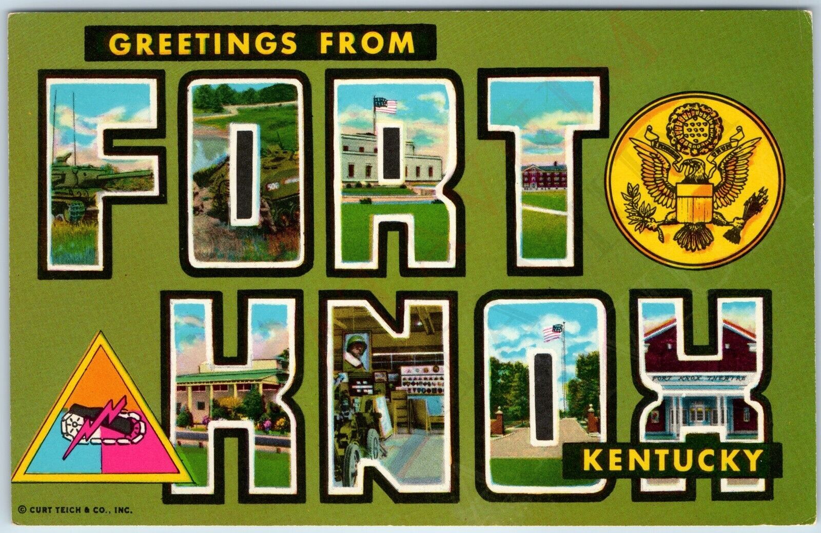 1959 Fort Knox KY Greetings Large Bubble Letter PC Seal Army Military ...