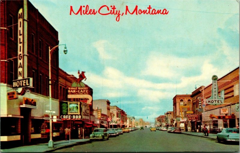 Miles City Montana MT Main Street View Cars Signs Hotel UNP Vtg Chrome ...