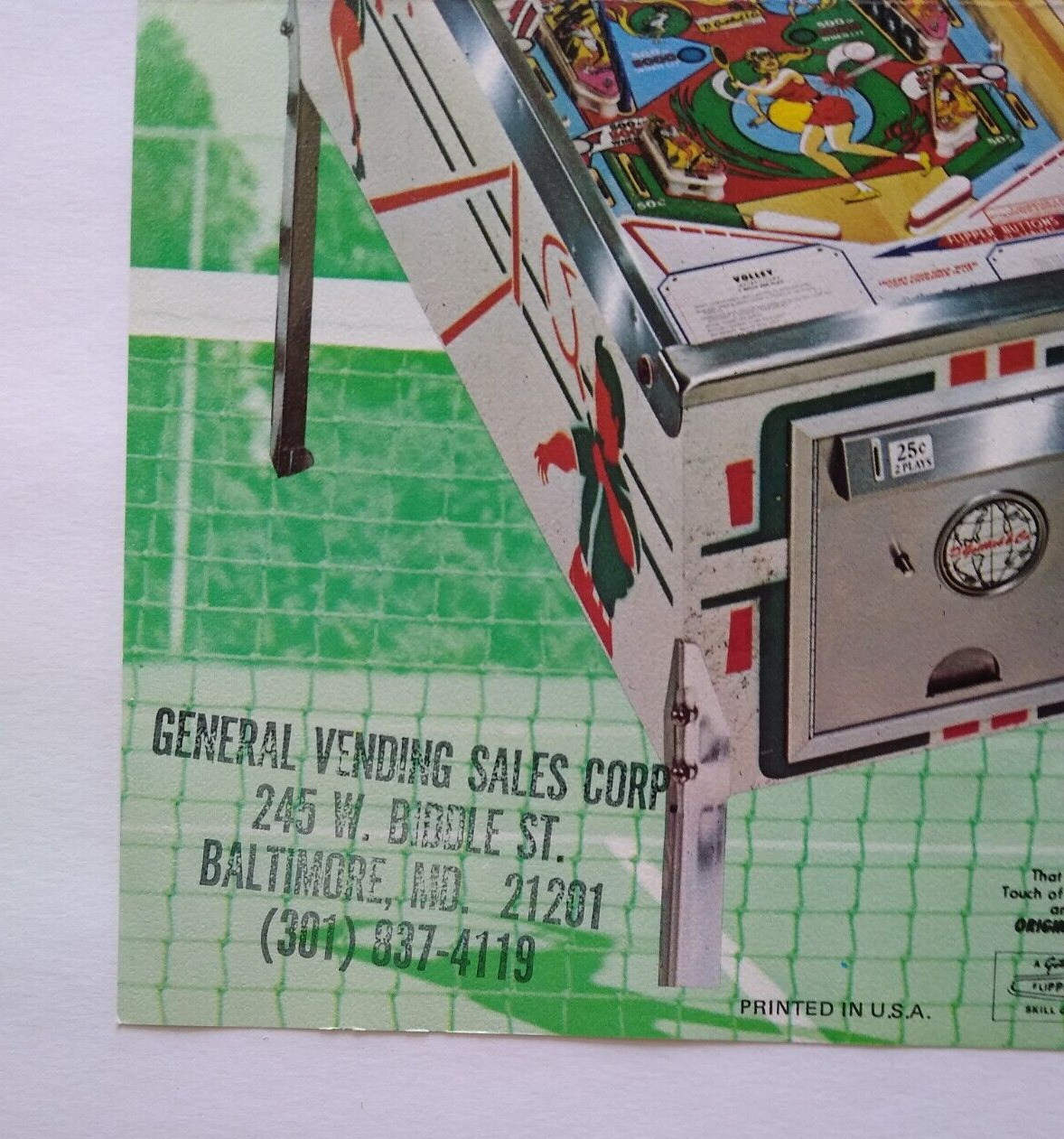 Volley Pinball Flyer 1977 Original Flipper Game Art Tennis Retro 8.5" x ...