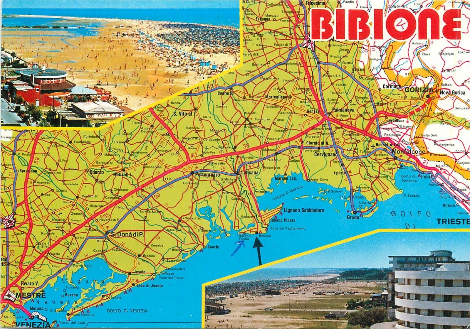 Postcard Italy Bibione Multi View Map Hotel Beach Tourists Roads ...