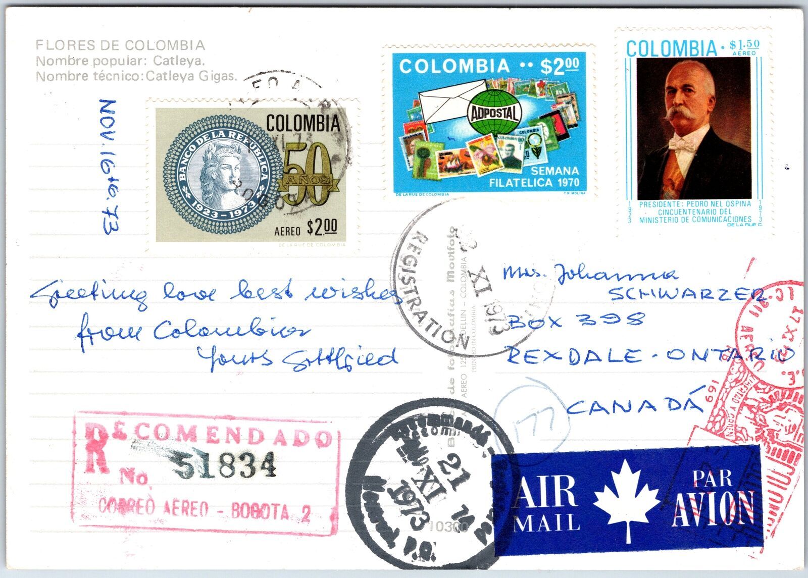 Vintage Continental Sized Postcard Flowers of Colombia Loaded Stamps ...